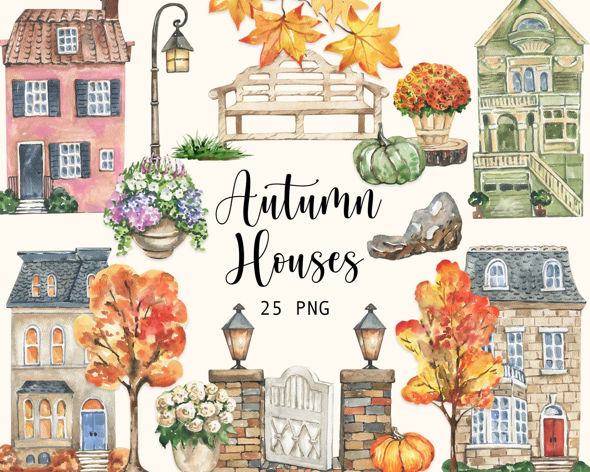 Watercolor Autumn Houses Clipart Wedding Clipart Fall Tree - Etsy
