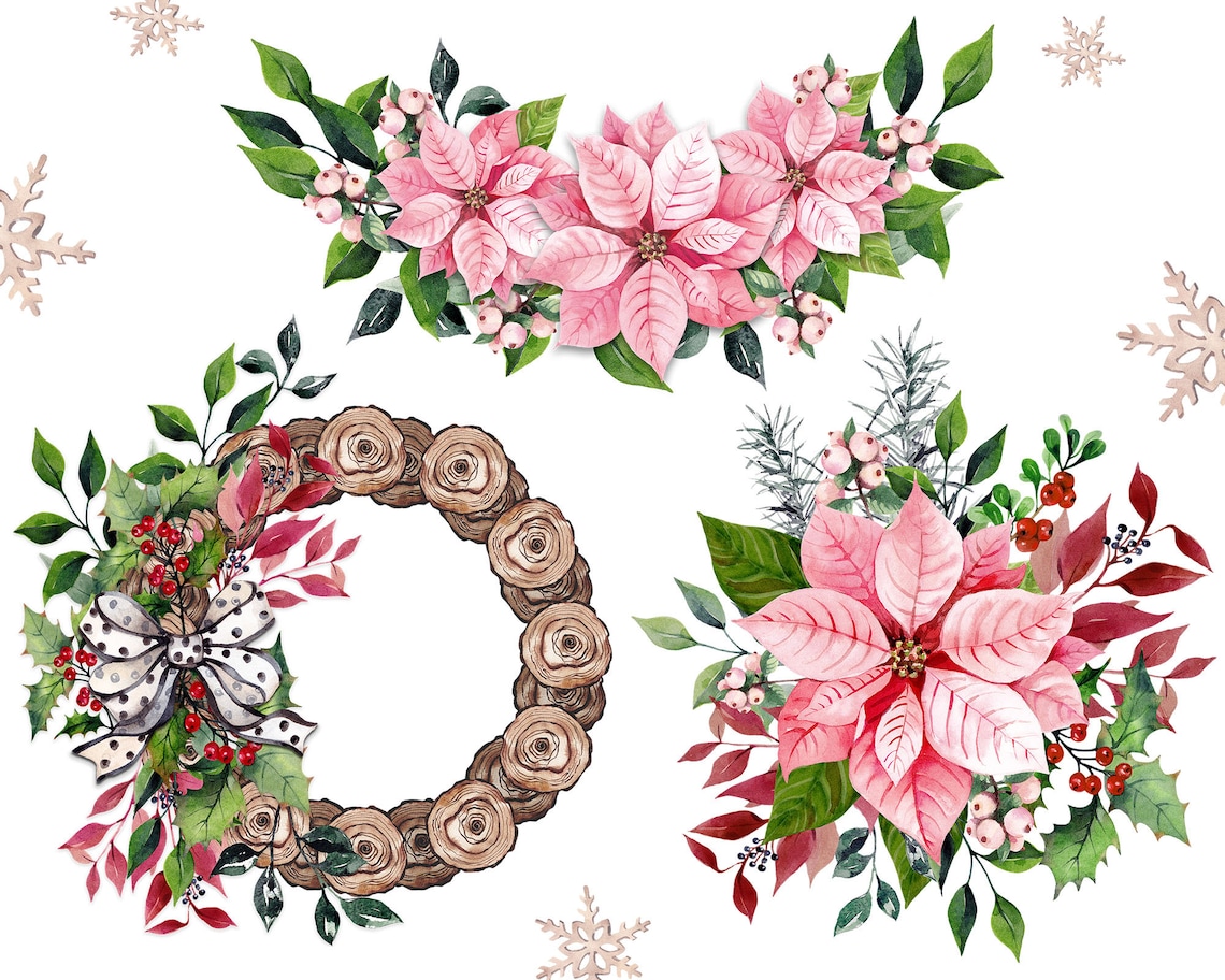 Watercolor Christmas Wreath Floral Frame Clipart Digital Clip | Etsy