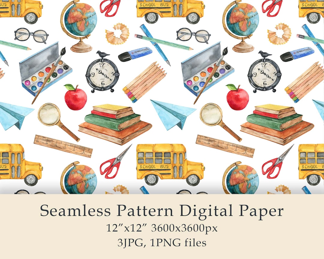 Watercolor Back to School Digital Paper Seamless Pattern School ...