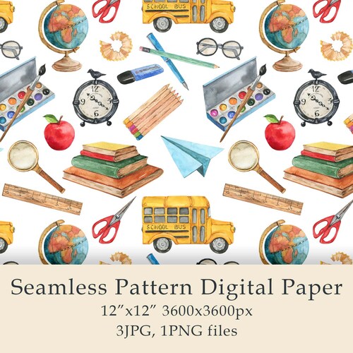 Watercolor Back to School Digital Paper Seamless Pattern - Etsy