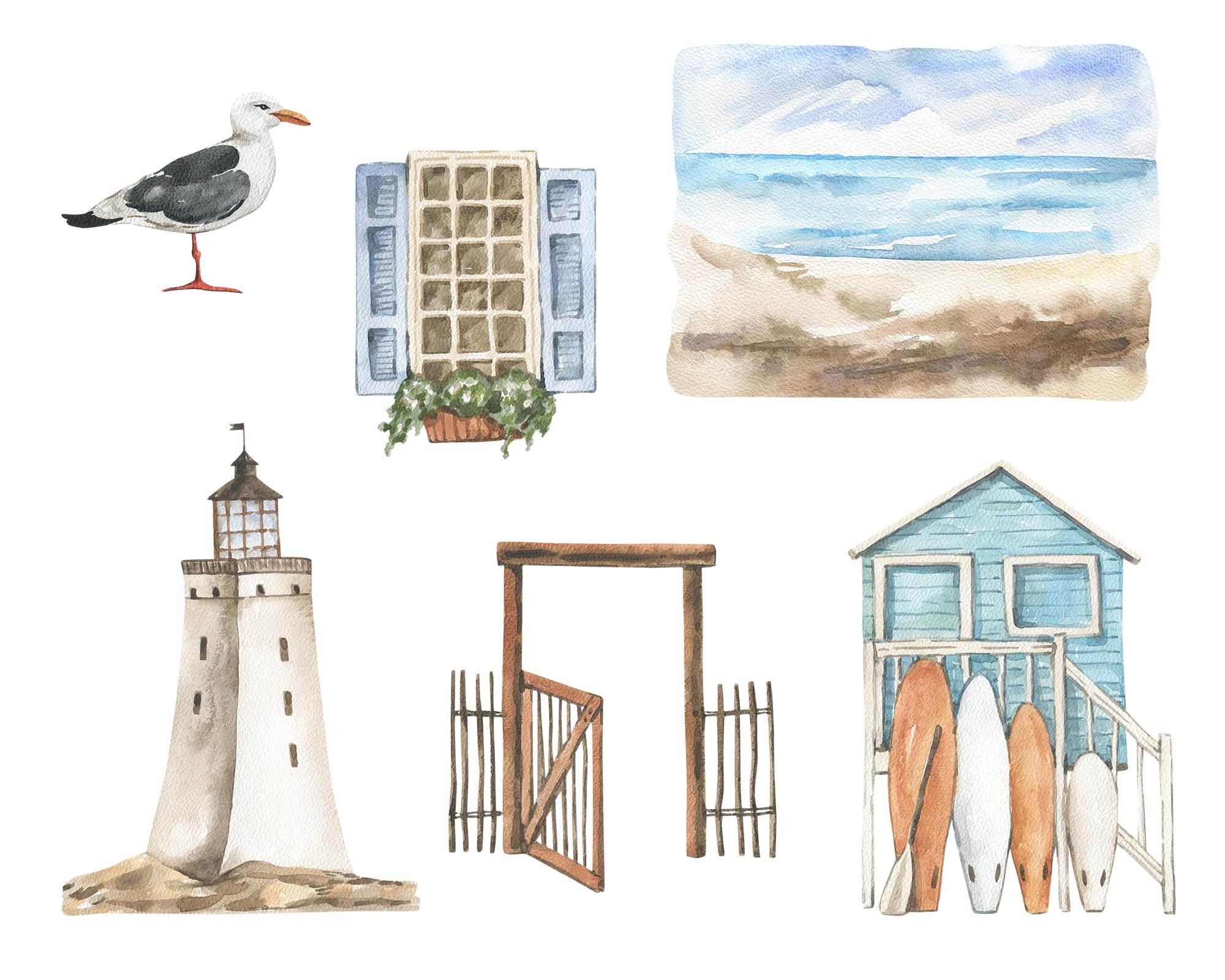 Watercolor Summer Clipart Beach Landscape Seascape Nautical - Etsy