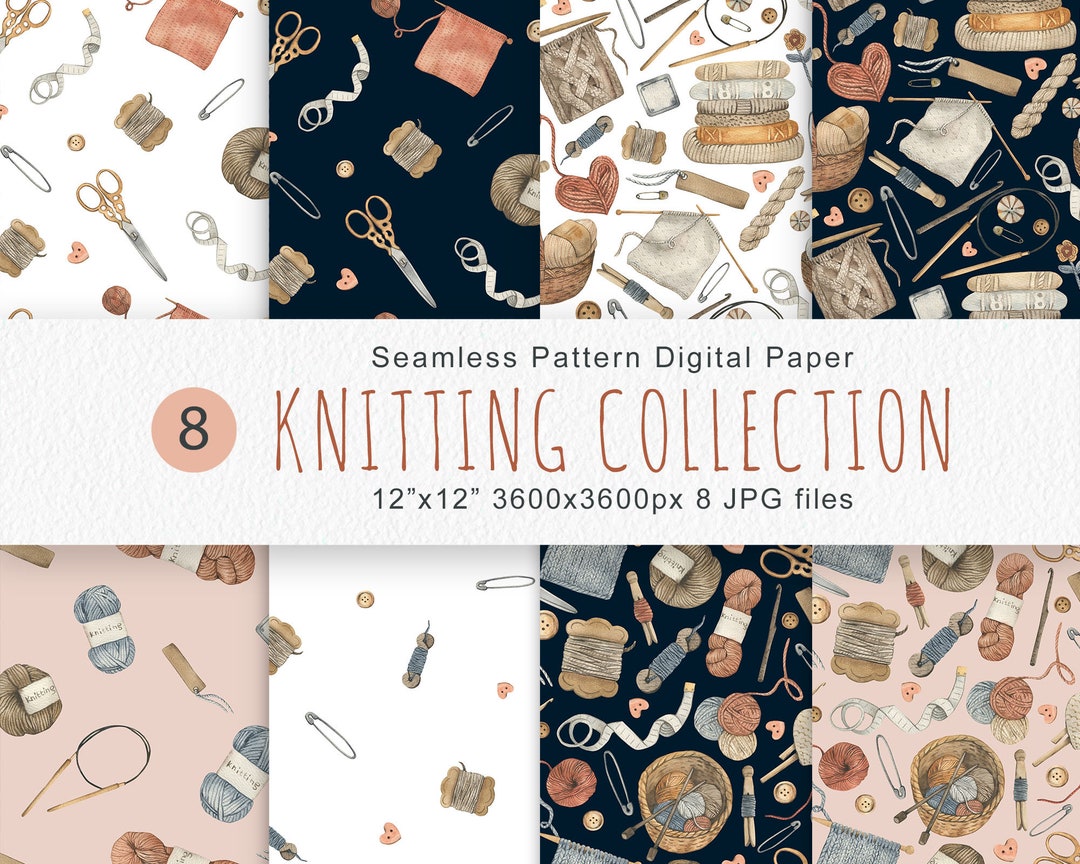 Watercolor Vintage Knitting Seamless Pattern Digital Paper Knitting ...