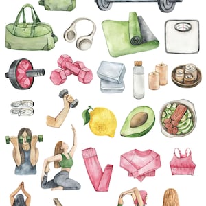 Watercolor Fitness Clipart Yoga Weights Gym Equipment Clip Art Healthy ...