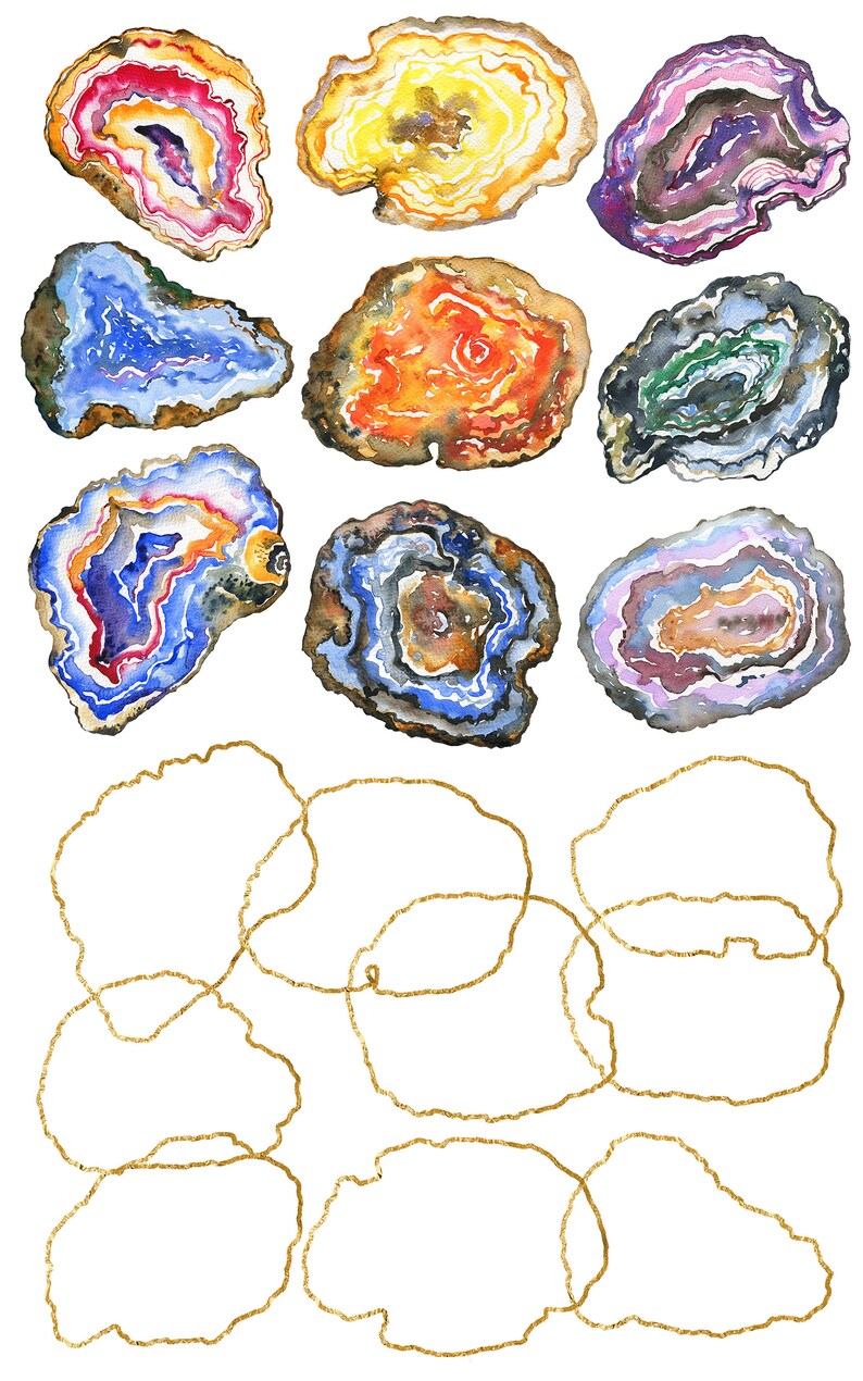Watercolor Agates Clipart Gold Frames Gemstone Elements - Etsy