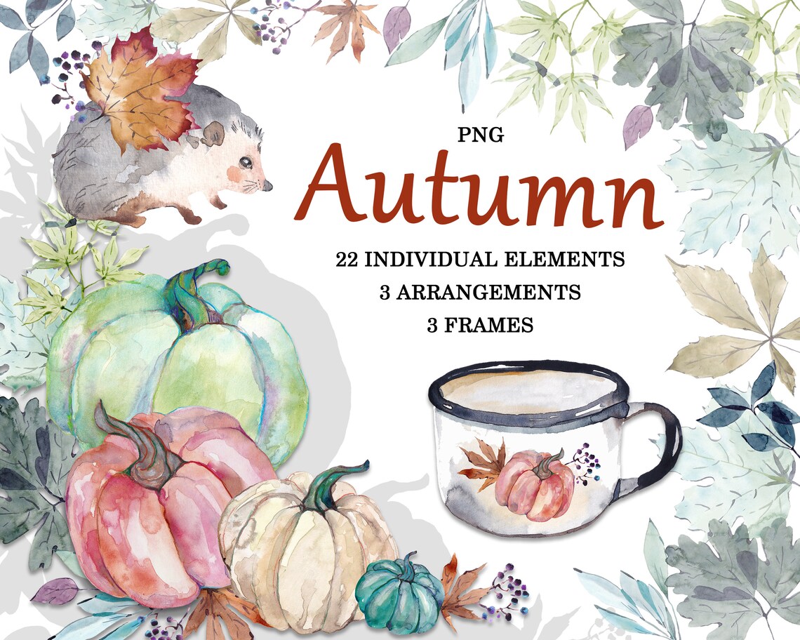 Watercolor Autumn Clipart Fall Clipart Pumpkin Fall Leaves PNG | Etsy