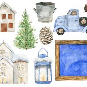 Watercolor Blue Winter Decor Clipart White Cozy Christmas Clip Art ...