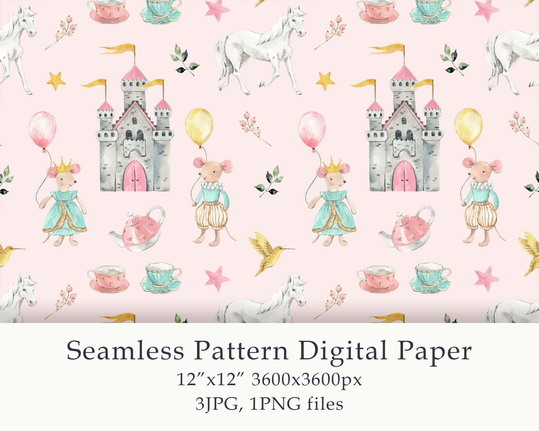 Watercolor Princess Party Seamless Pattern Digital Paper Design Baby ...