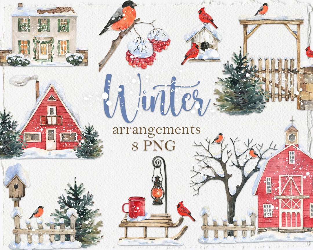 Watercolor Winter Arrangements Clipart Cozy Houses Christmas Tree ...