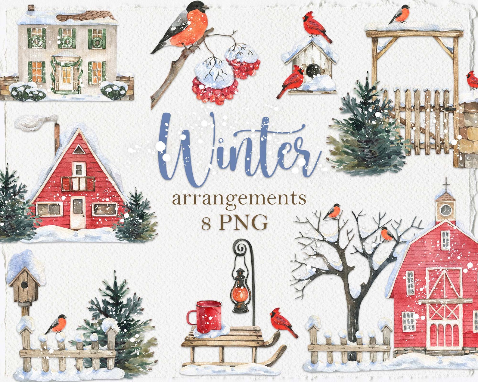 Watercolor Winter Arrangements Clipart Cozy Houses Christmas Tree ...