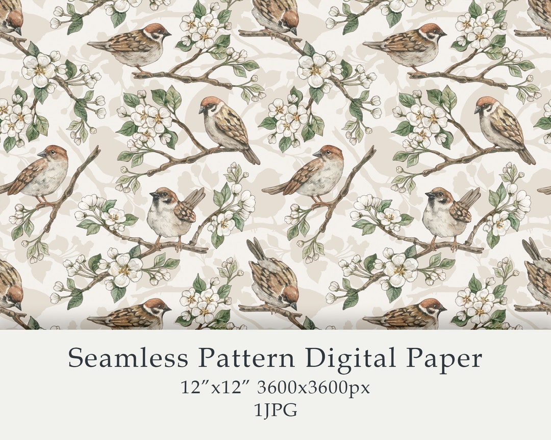 Watercolor Sparrow Seamless Pattern Digital Paper Cute Animals Spring ...