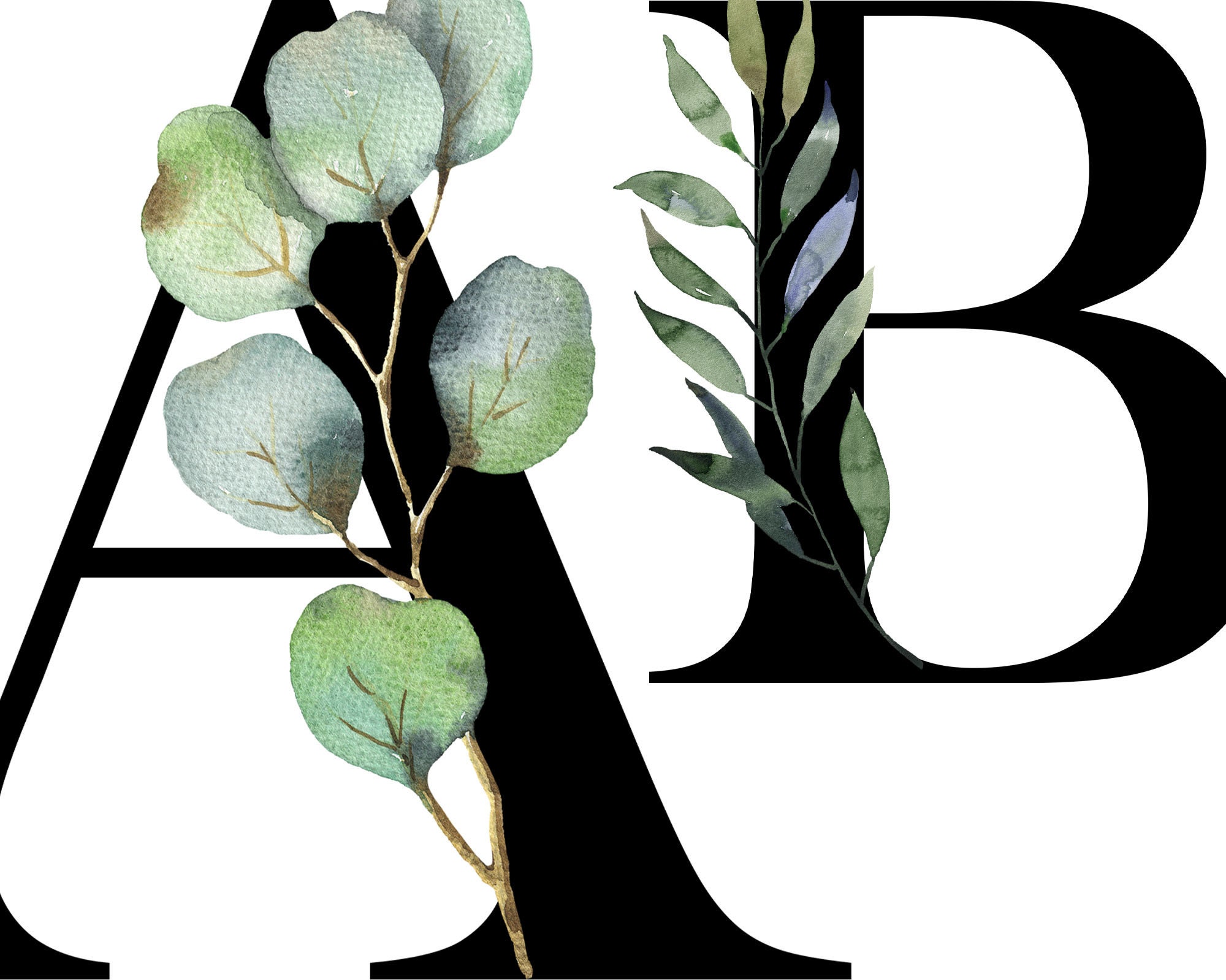 Watercolor Greenery Alphabet Foliage Clipart Forest Leaves - Etsy