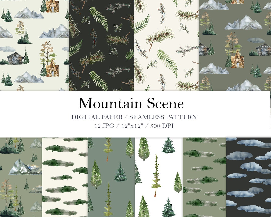 Mountain Scene Digital Papers Seamless Patterns Watercolor Woodland ...