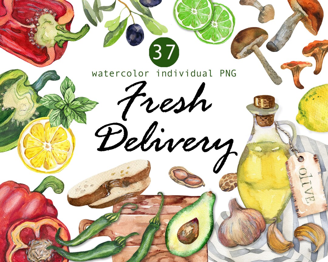 Watercolor Clipart Veggies and Herbs Vegan Food Clipart Watercolor ...