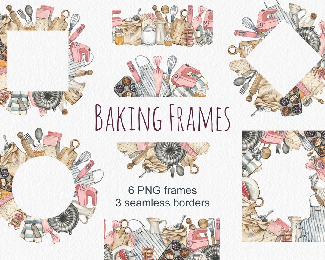 Watercolor Baking Frames, Hand Painted Kitchen Clipart, Planner ...