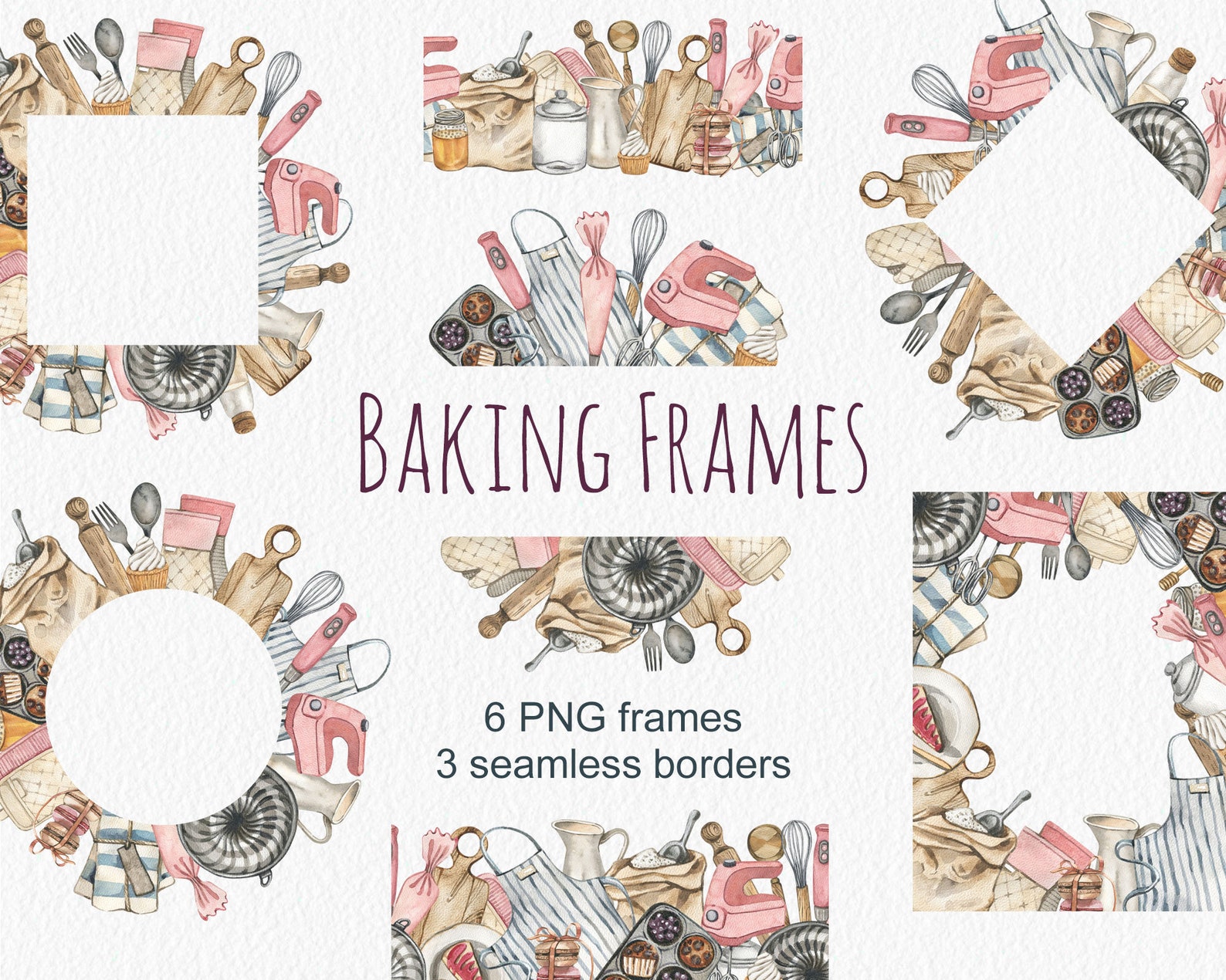 Watercolor Baking Clipart Frames, Kitchen PNG Graphics (digital ...