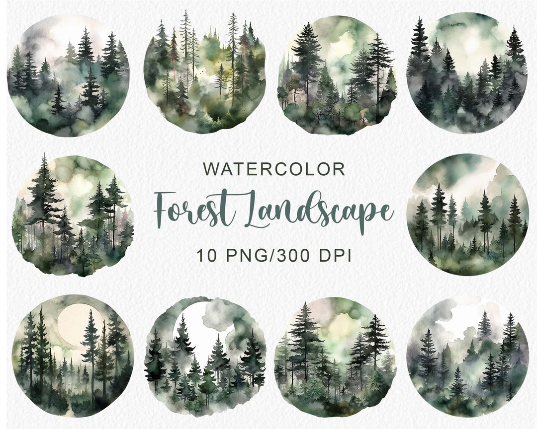 Watercolor Forest Landscapes Digital Arrangement Watercolor Background ...