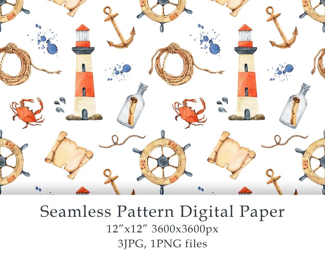 Watercolor Nautical Seamless Pattern Digital Paper Summer Birthday ...
