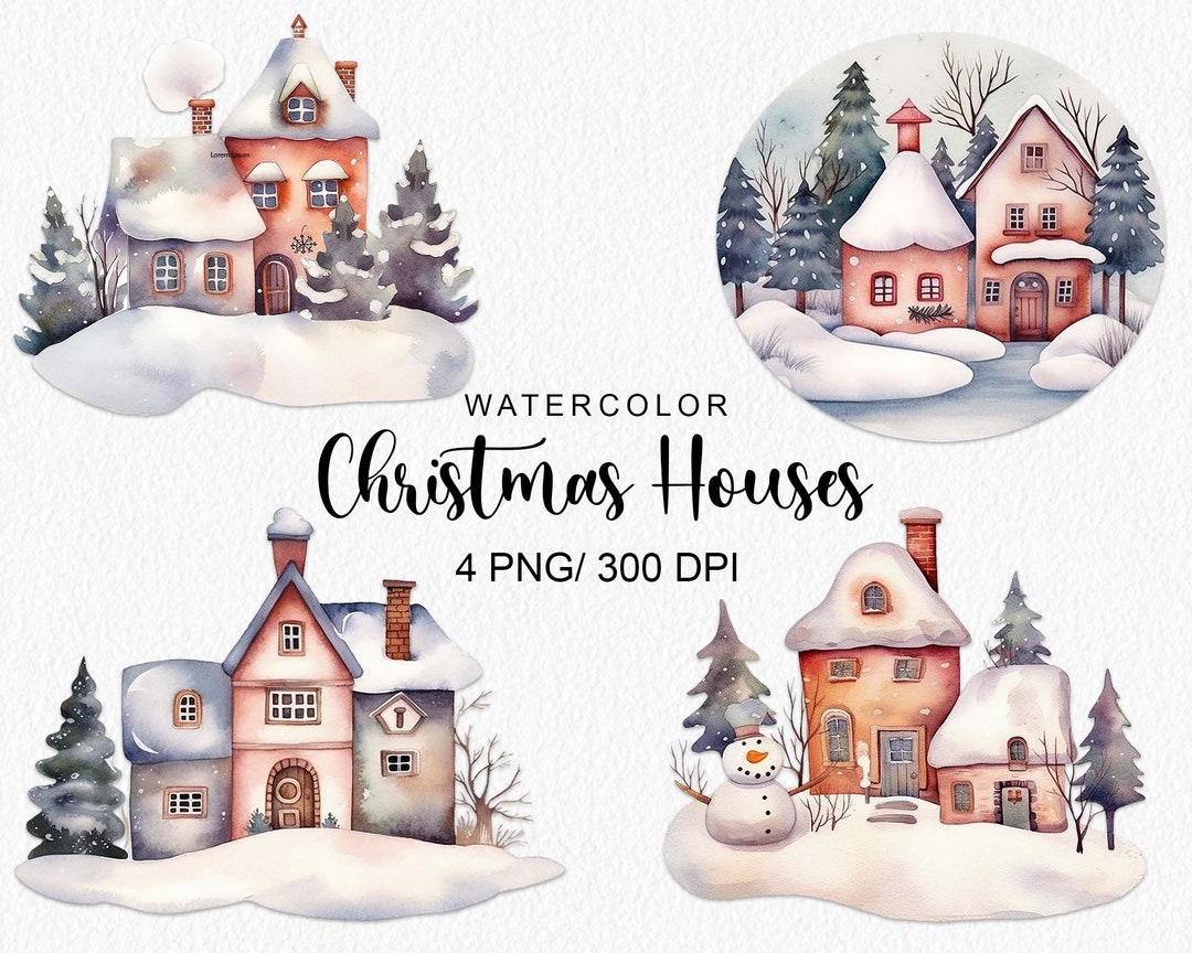 Watercolor Christmas Houses Arrangements Clipart Cozy Houses Christmas ...
