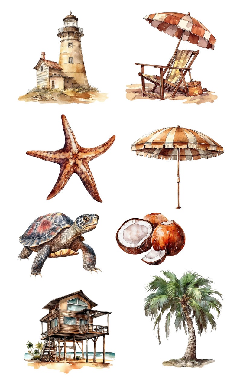 Watercolor Summer Beach Clipart Beach House Palm Tree Clip Art Summer ...