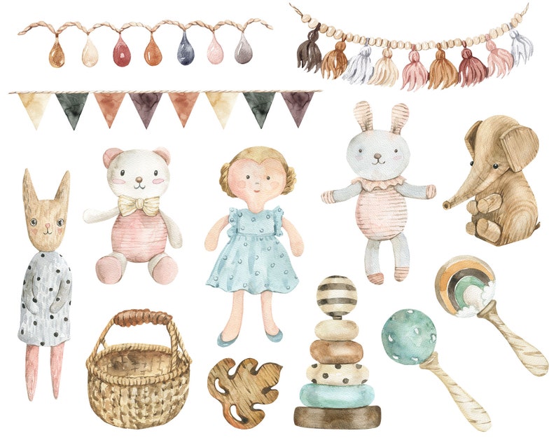 Watercolor Eco Toys Clipart Boho Baby Watercolor Clipart Birthday ...