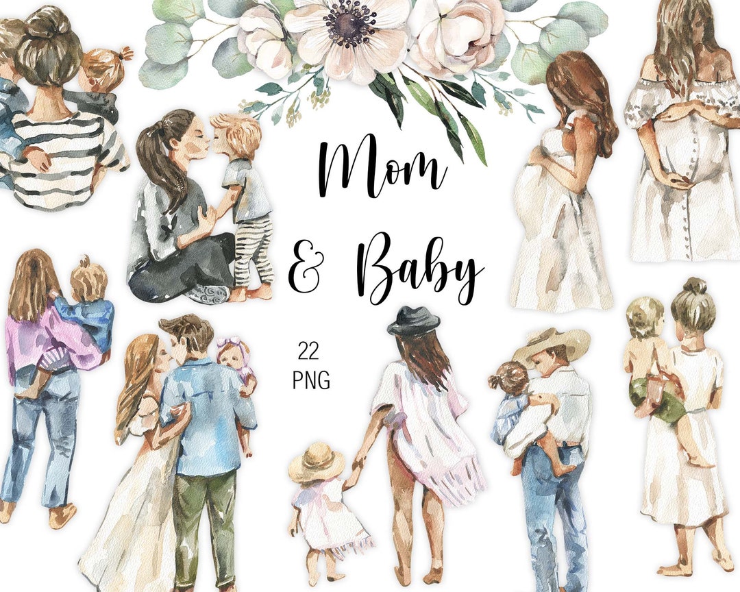 Watercolor Mom and Baby Clipart Baby Shower Pregnant Woman Boy Girl ...