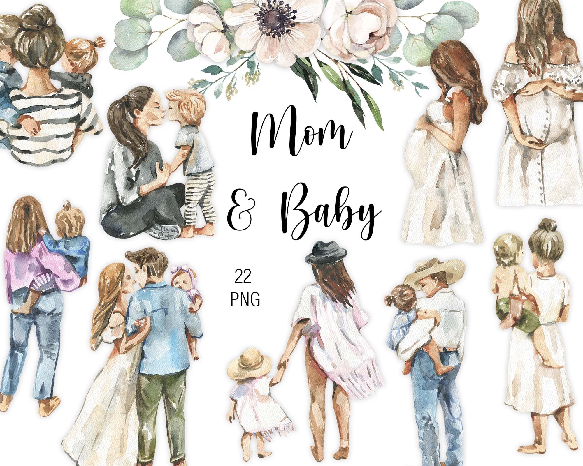 Watercolor Mom and Baby Clipart Baby Shower Pregnant Woman Boy - Etsy
