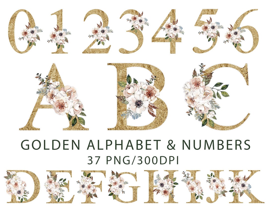 Golden Floral Alphabet and Numbers Watercolor Letters and Number With ...