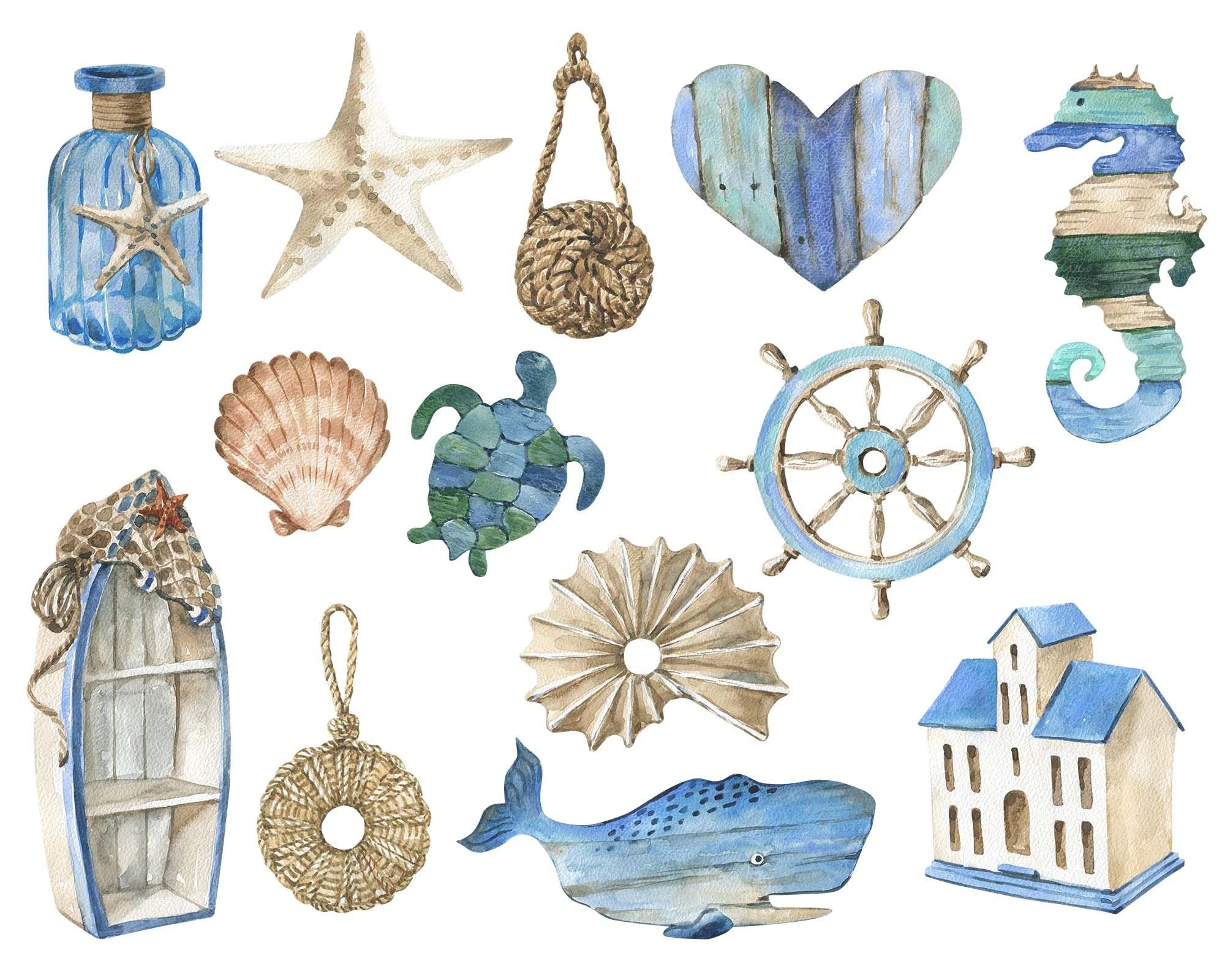 Watercolor Coastal Decor Clipart: 27 Summer Nautical PNG Elements ...