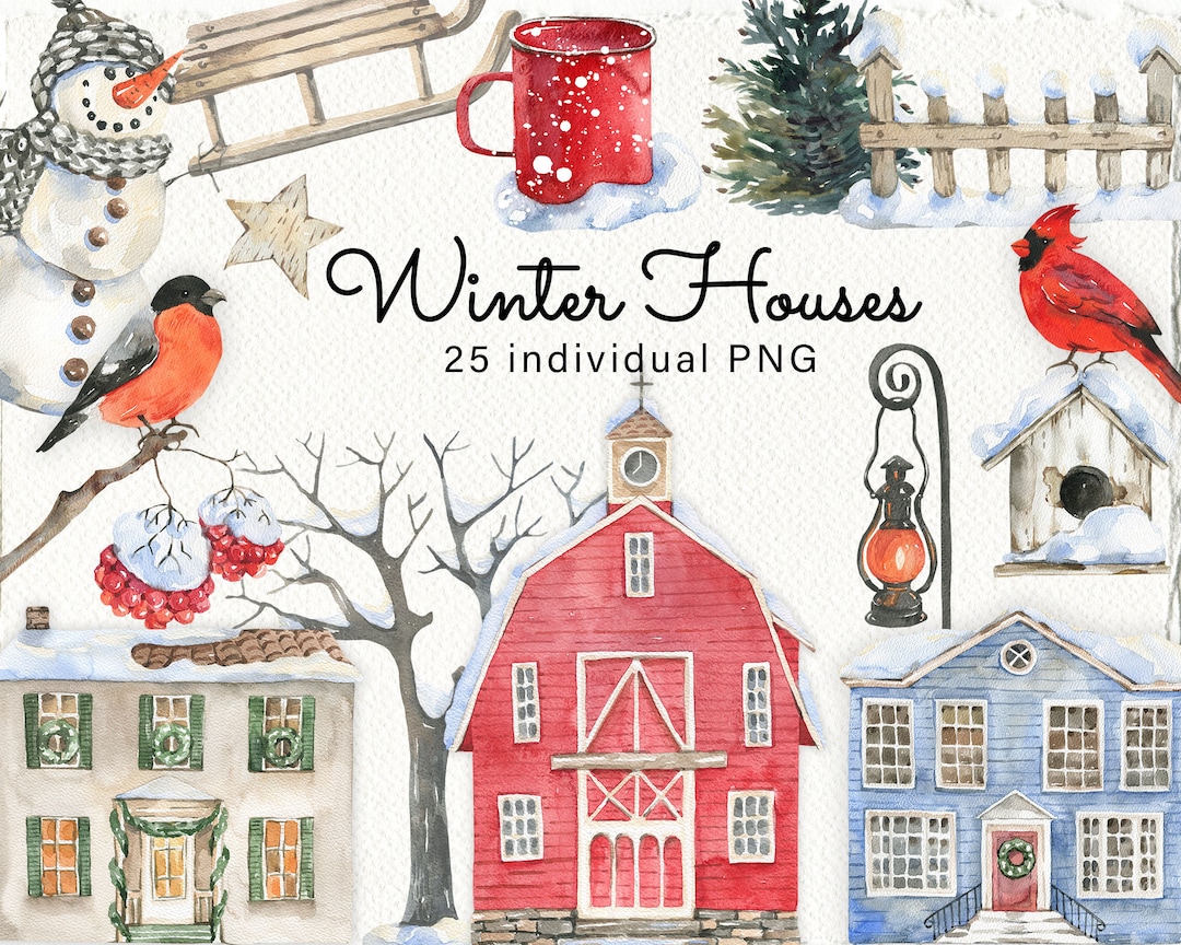 Watercolor Christmas Clipart Winter Houses Cozy Clipart Christmas Tree ...