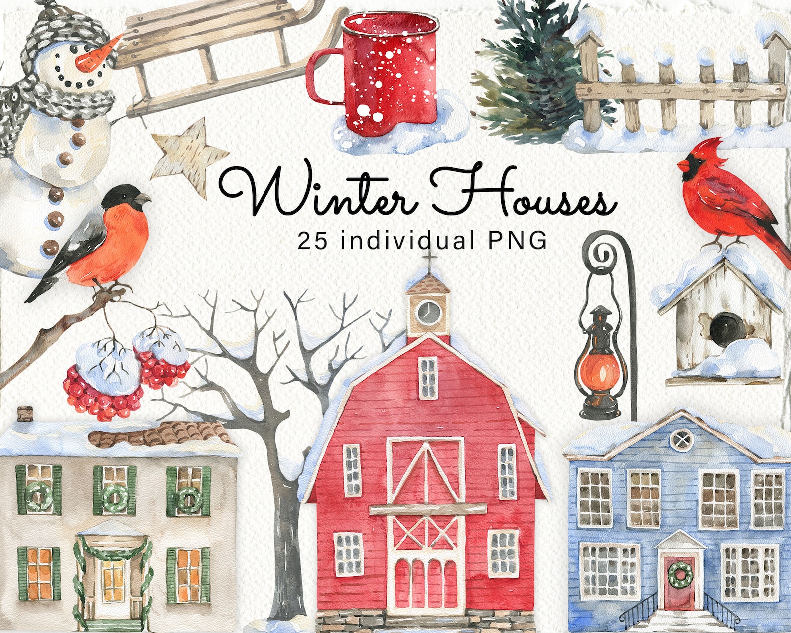 Watercolor Christmas Clipart Winter Houses Cozy Clipart Christmas Tree ...