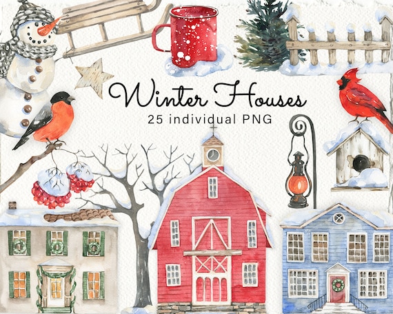 Watercolor Christmas Clipart Winter Houses Cozy Clipart - Etsy