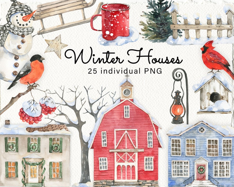 Watercolor Christmas Clipart Winter Houses Cozy Clipart Christmas Tree ...