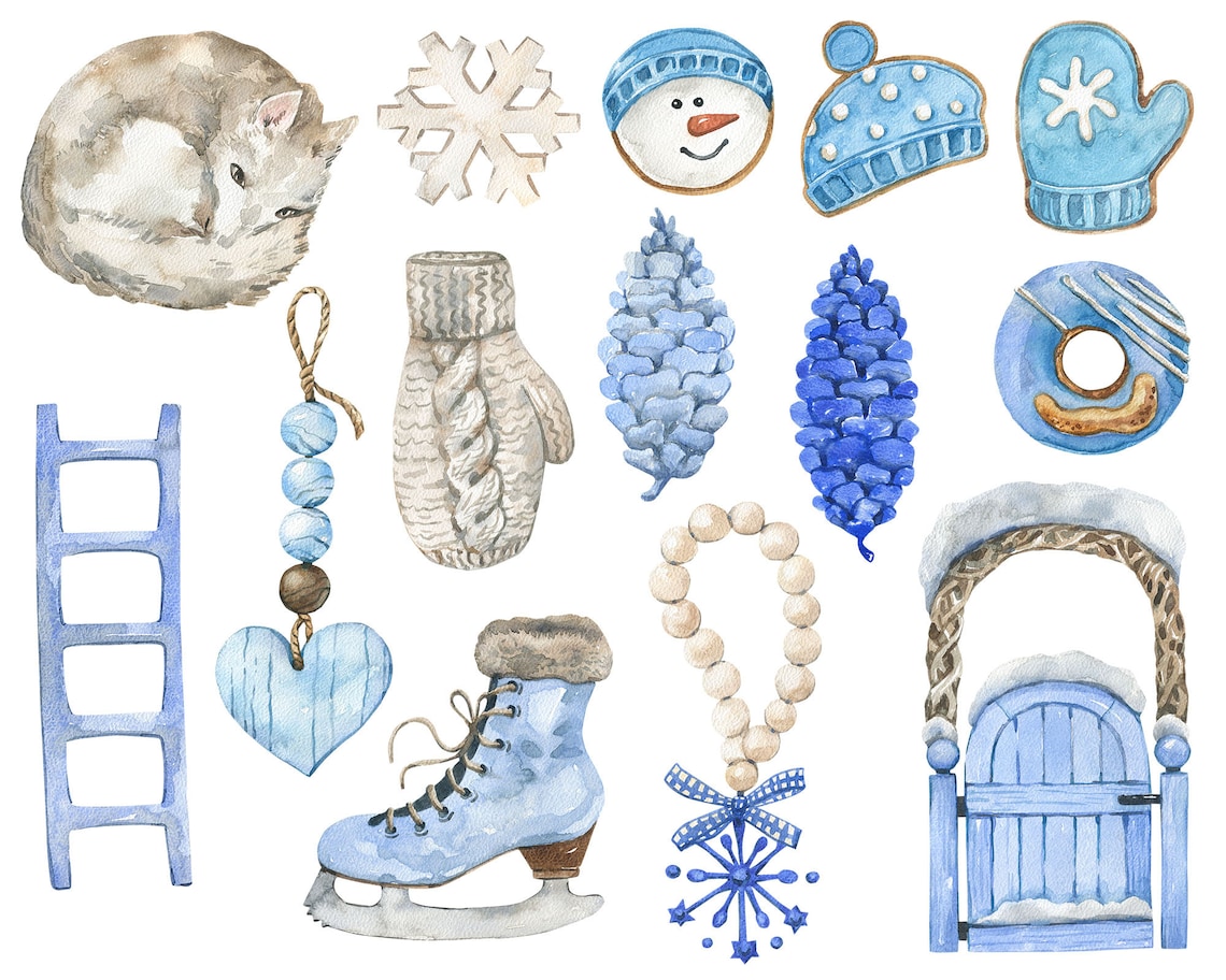 Watercolor Blue Winter Decor Clipart White Cozy Christmas Clip - Etsy