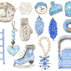 Watercolor Blue Winter Decor Clipart White Cozy Christmas Clip Art ...