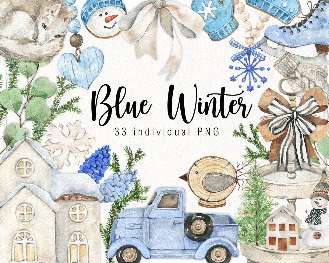 Watercolor Blue Winter Decor Clipart White Cozy Christmas Clip Art ...