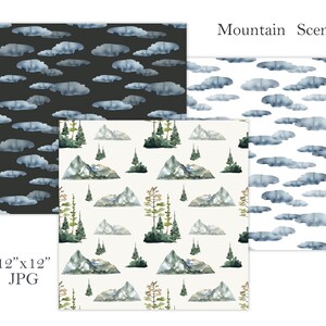 Mountain Scene Digital Papers Seamless Patterns Watercolor Woodland ...