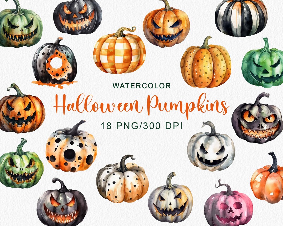 Watercolor Halloween Pumpkins Clipart Watercolour Halloween Decor ...