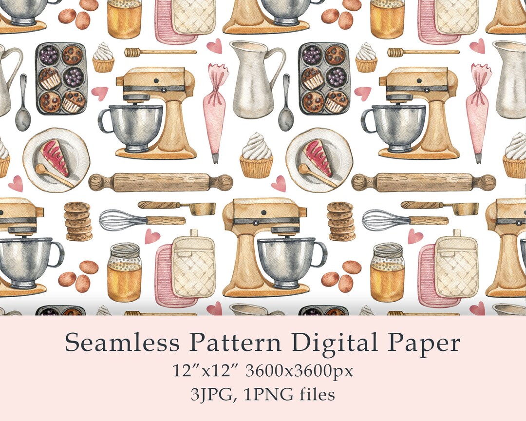 Watercolor Baking Seamless Pattern, Digital Paper, Food Decor, Sweets ...