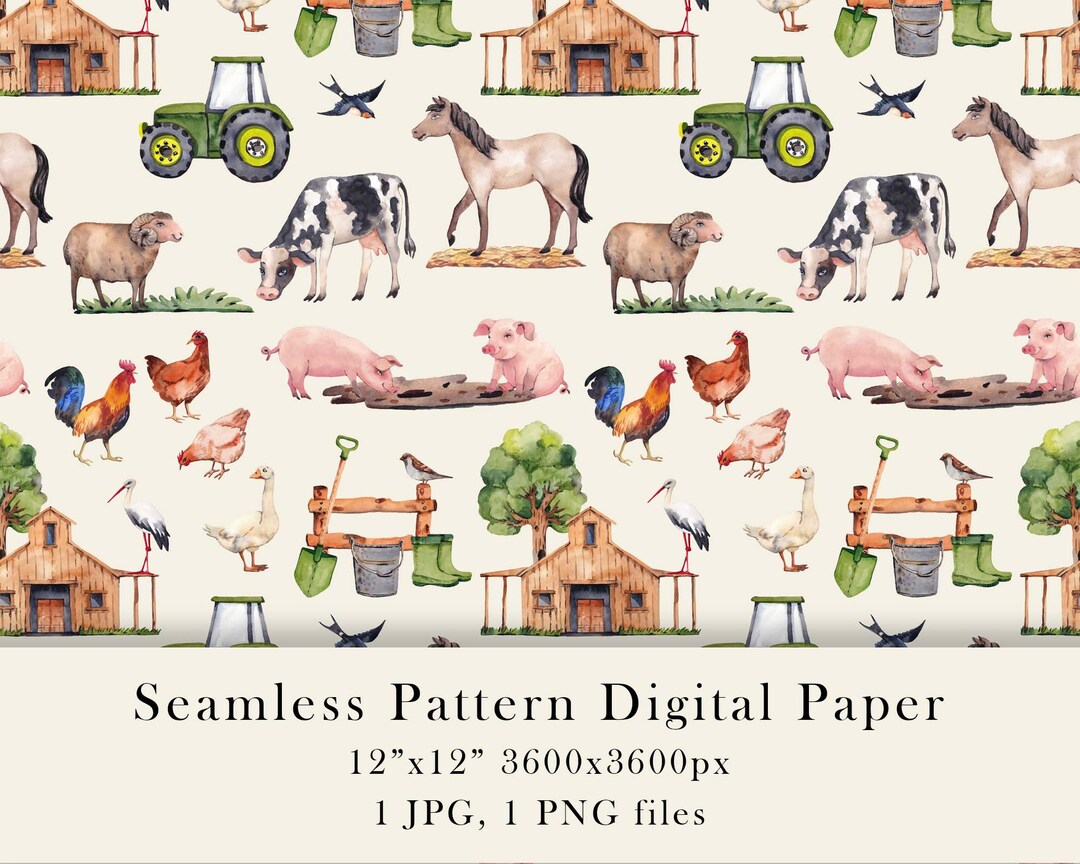 Watercolor Farm Animals Seamless Pattern Digital Paper Farm Birthday ...