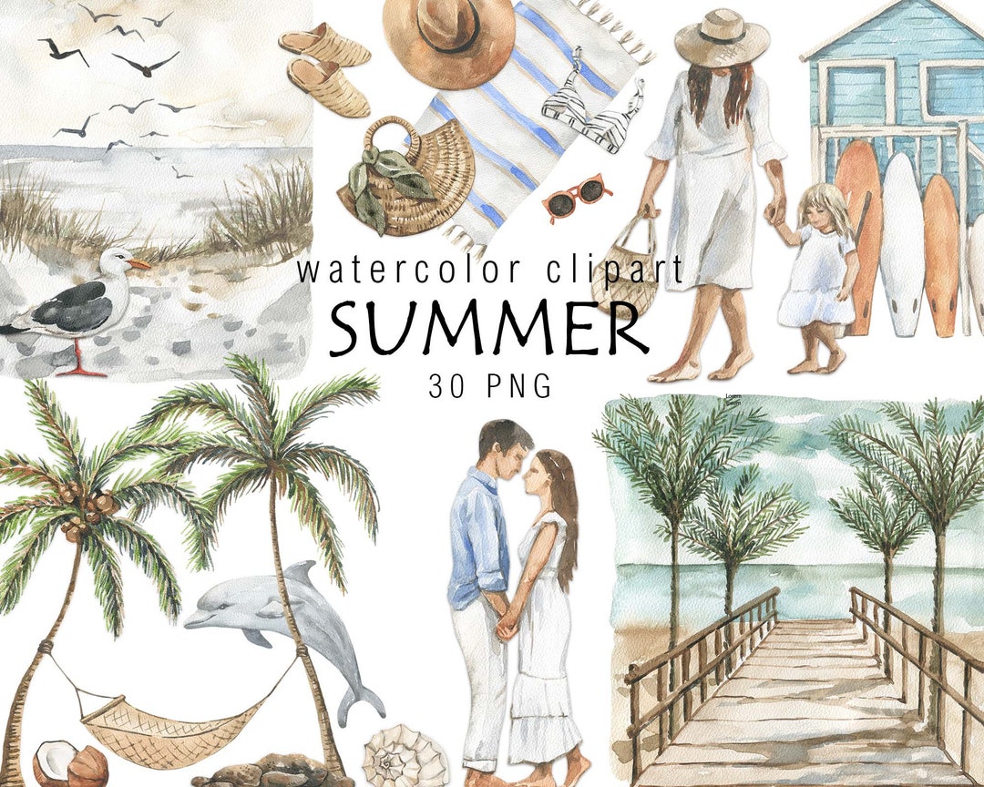 Watercolor Summer Clipart, Tropical Beach PNG Pack, Ocean Coast Nature ...
