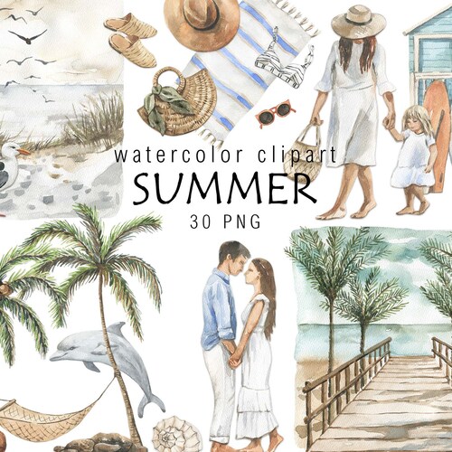 Watercolor Summer Clipart Beach Landscape Seascape Nautical - Etsy