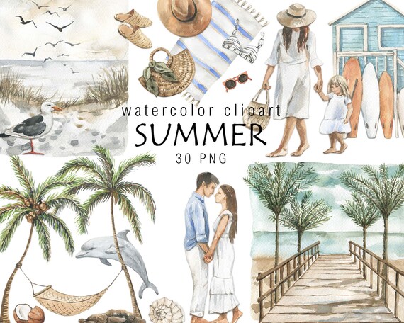 Watercolor Summer Clipart Beach Landscape Seascape Nautical - Etsy