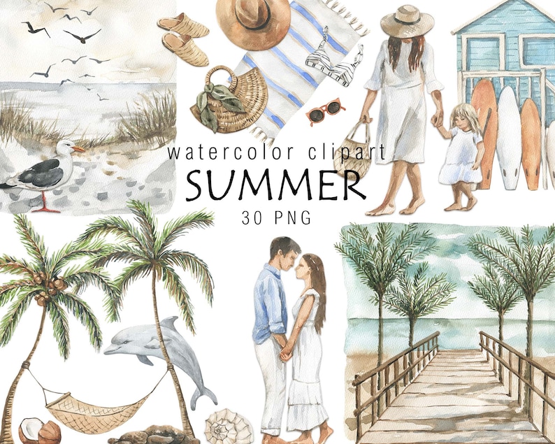 Watercolor Summer Clipart Beach Landscape Seascape Nautical - Etsy