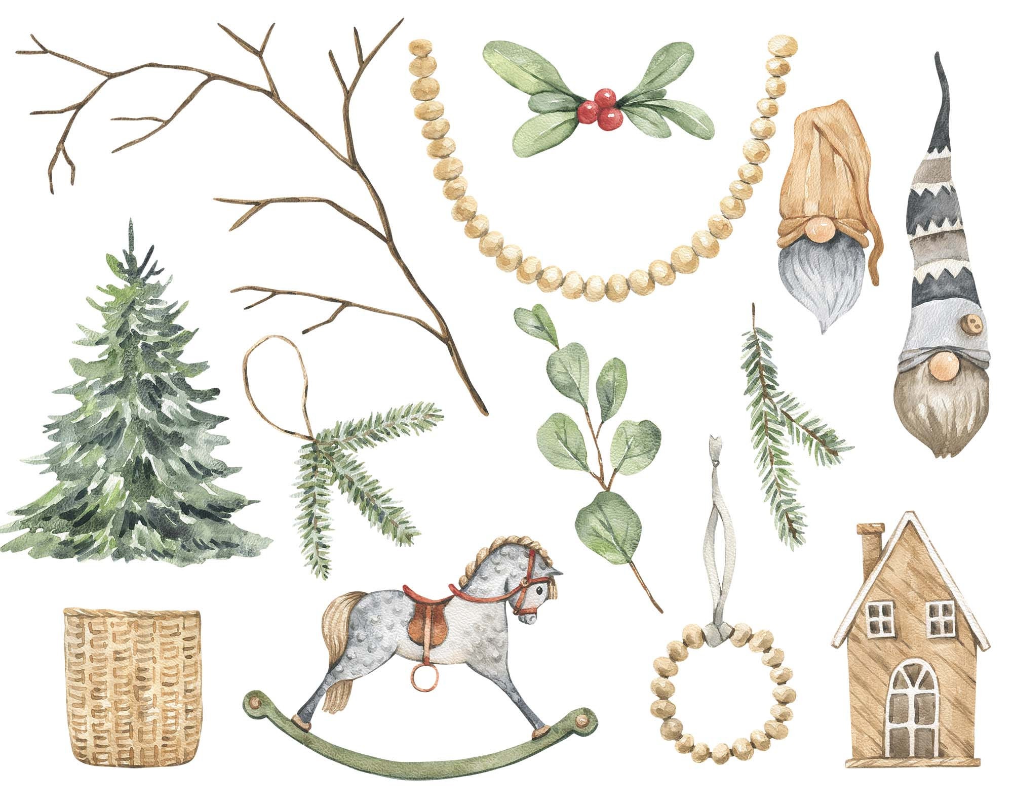 Watercolor Holly Christmas Clipart Wood Houses Winter Decor - Etsy