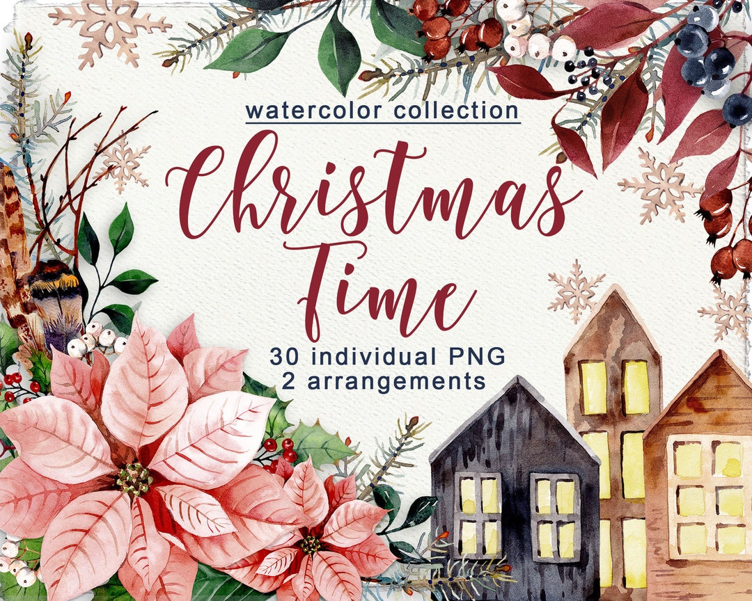 Watercolor Clipart Christmas Cute Houses Winter Cozy Clipart Digital ...