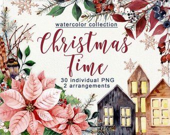 Watercolor Christmas Clipart Winter Houses Cozy Clipart | Etsy