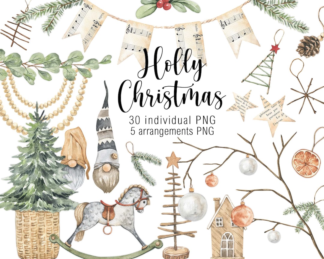 Watercolor Holly Christmas Clipart Wood Houses Winter Decor Cozy ...