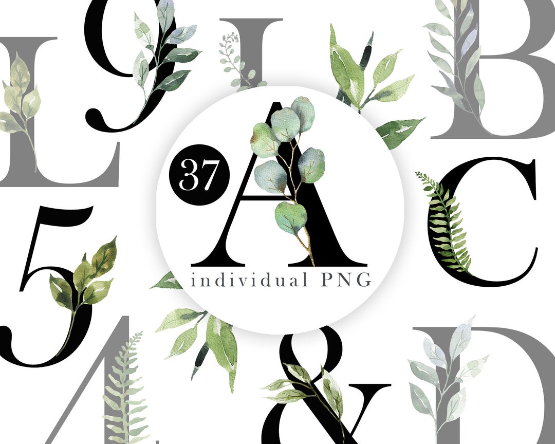 Watercolor Greenery Alphabet Foliage Clipart Forest Leaves Baby ...