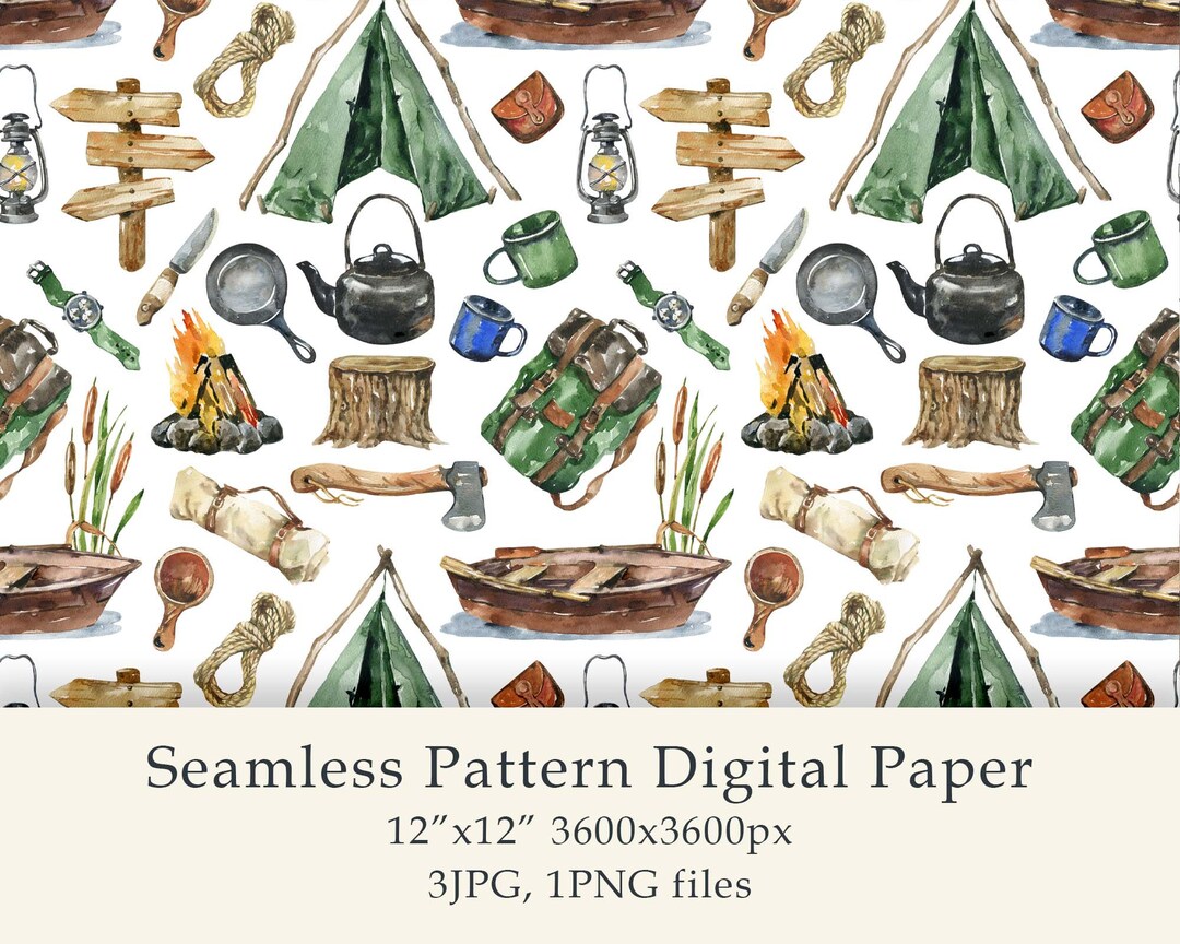 Watercolor Camping Seamless Pattern Digital Paper Survival Birthday ...