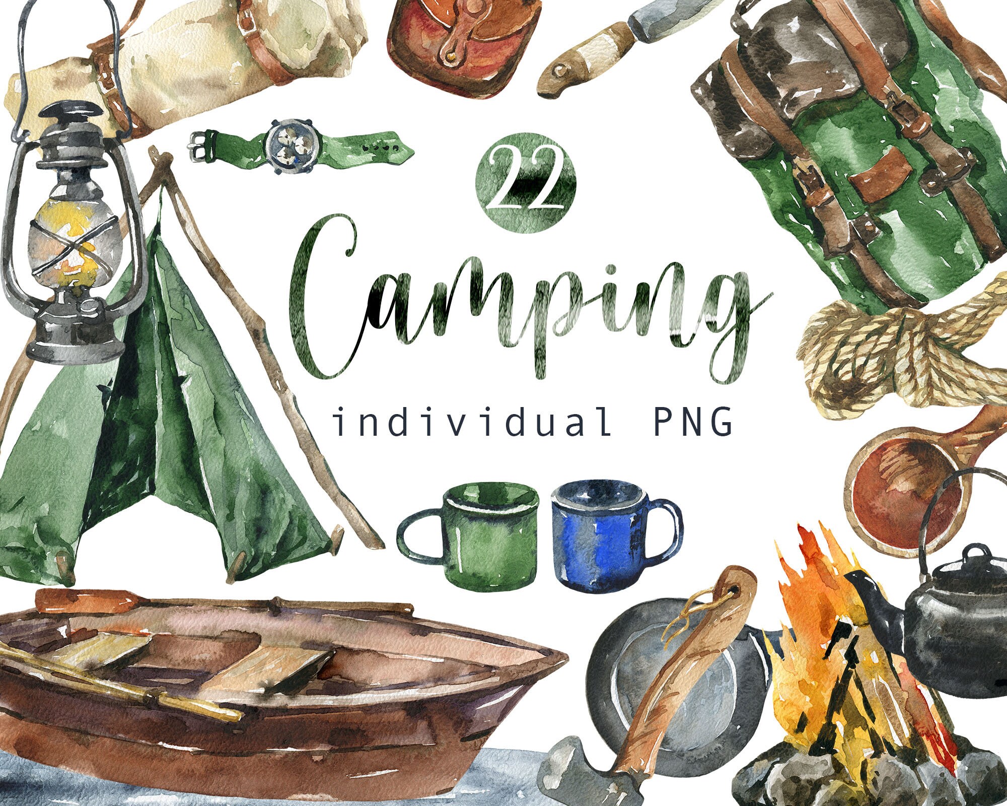 Watercolor Camping Clip Art Set Summer Outdoors Activities